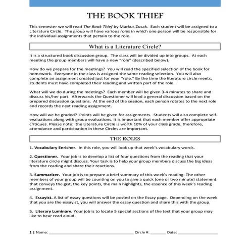 Eng 83 r 72 the book thief literature circle | RTF | Homework and Study ...