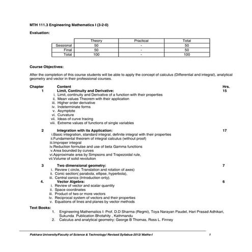 Engg mathematics i(pokhara university) | PDF
