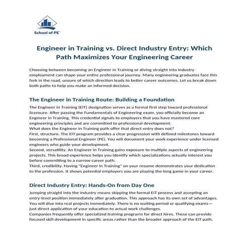 Engineer in Training vs. Direct Industry Entry Which Path Maximizes ...