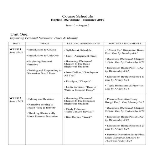 Engl102 / Online / Summer 2019 / Course Schedule | PDF