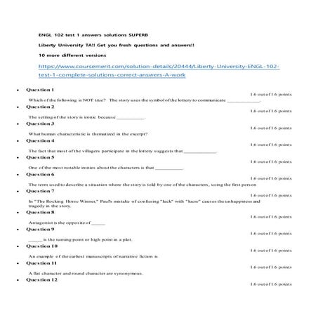 Engl 102 test 1 answers solutions superb | DOCX