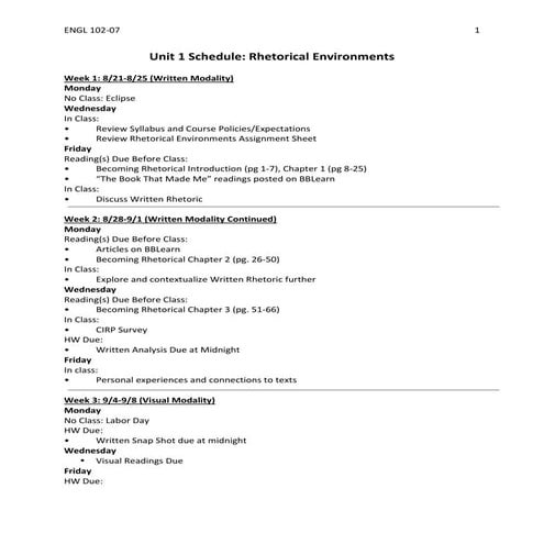 Rhetorical Environments Unit 1 Schedule | PDF