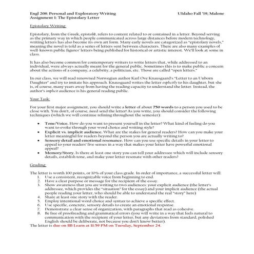 Engl 208 epistolary essay prompt | PDF