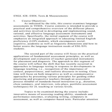 ENGL 428- ESOL Tests & MeasurementsI. Course Objectives.docx
