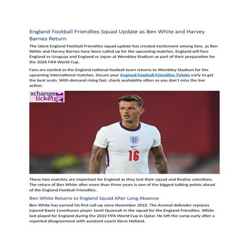 England Football Friendlies Squad Update as Ben White and Harvey Barnes ...