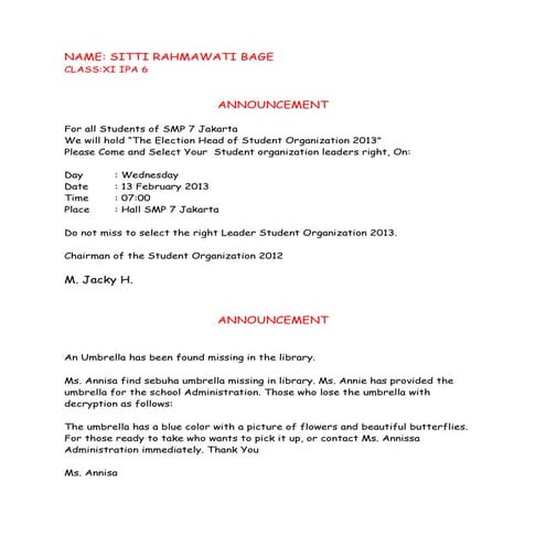 Contoh announcement | DOCX