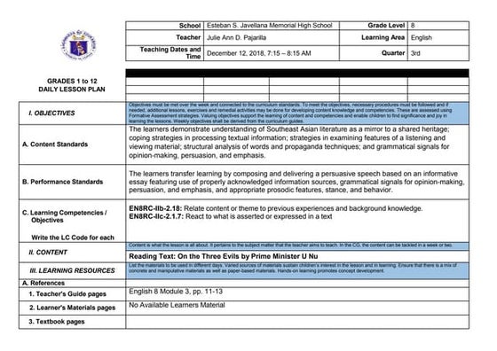 lesson plan Personal DevelopmentCOT.docx | Educational Assessment ...