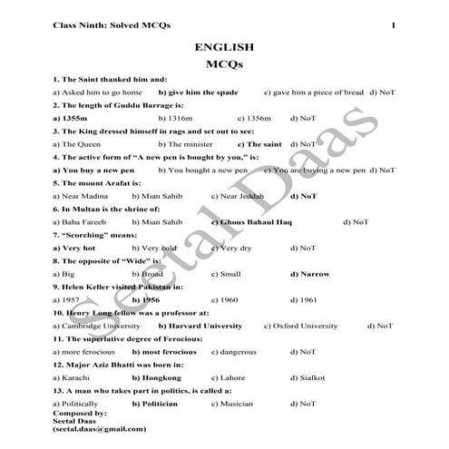 English 9th MCQS (solved) | PDF