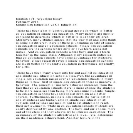English 101 Argument Essay February 2016single Sex Education Docx