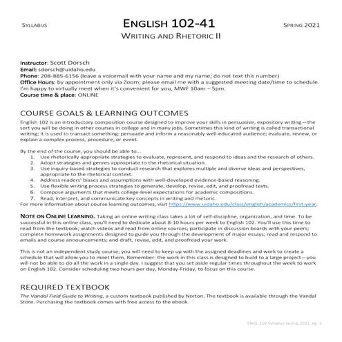 English 102 online syllabus spring 2021 | PDF