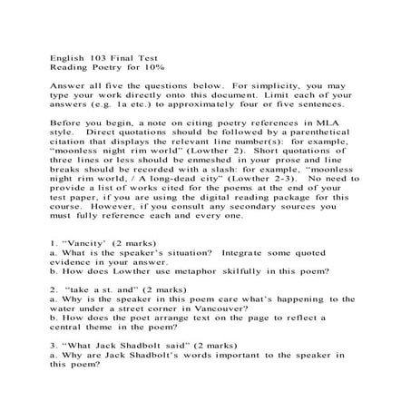 English 103 Final TestReading Poetry for 10Answer all five | PDF