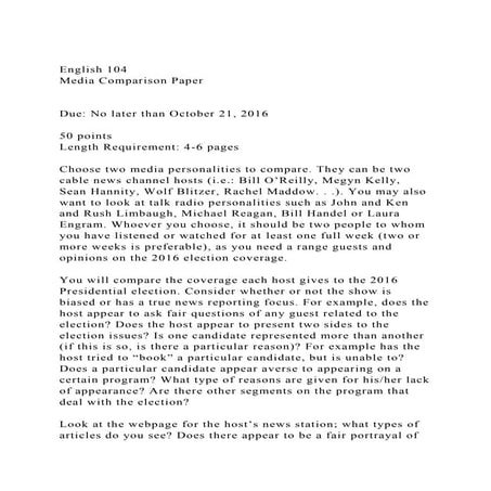 English 104Media Comparison PaperDue No later than Octobe.docx
