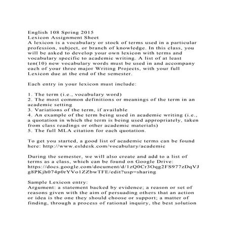 English 108 Spring 2015Lexicon Assignment SheetA lexicon is a .docx