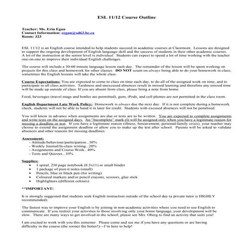 ESL 11/12 Course Outline | DOC