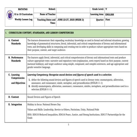 DAILY LESSON EXEMPLAR IN ENGLISH 5 FIRST QUARTER | DOCX