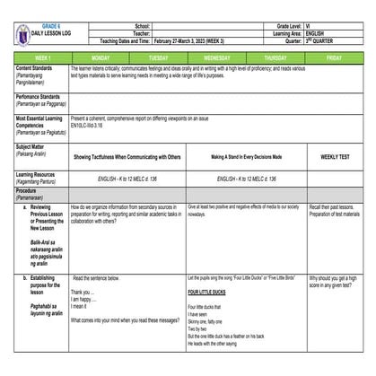 Daily Lesson Plan in ENGLISH6-WEEK-3- Quarter 3 | DOCX