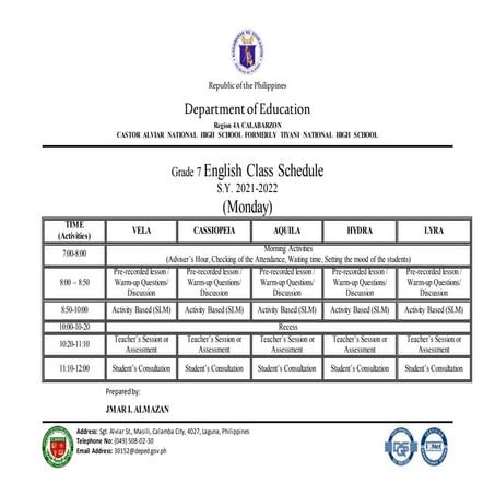 English 7 proposed schedule | PPT