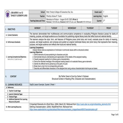 English 7 Quarter 2 Week 1 DOCUMENT -DLL | DOCX
