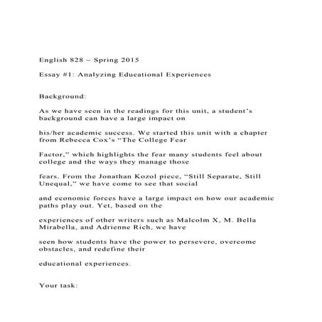 English 828 ~ Spring 2015 Essay #1 Analyzing Educational .docx