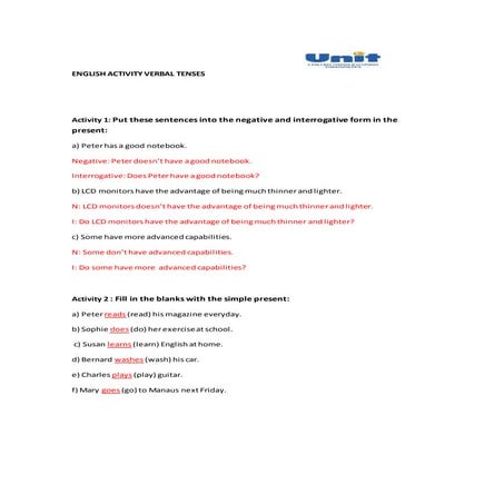 English activity verbal tenses aula 01 06 | DOCX