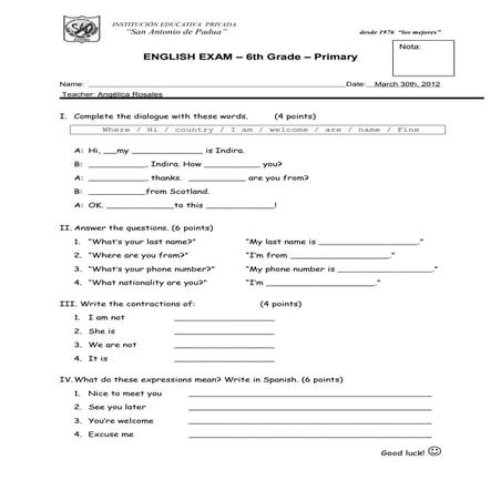 English exam prim 6 | DOC