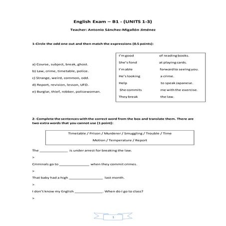 English Exam (B1 Level) Units 1-3 | DOCX