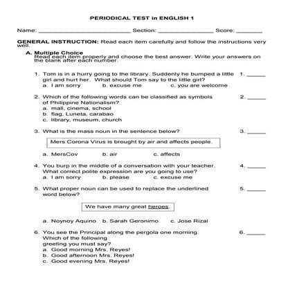 Kindergarten Test Paper Monthly Exam | DOCX