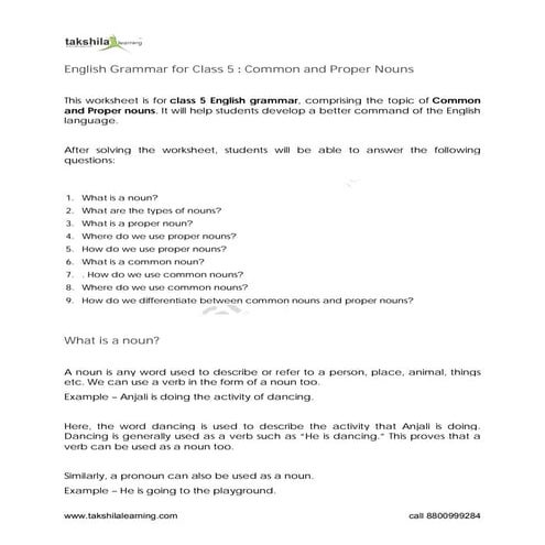 English Grammar For Class 5 Common And Proper Nouns Pdf