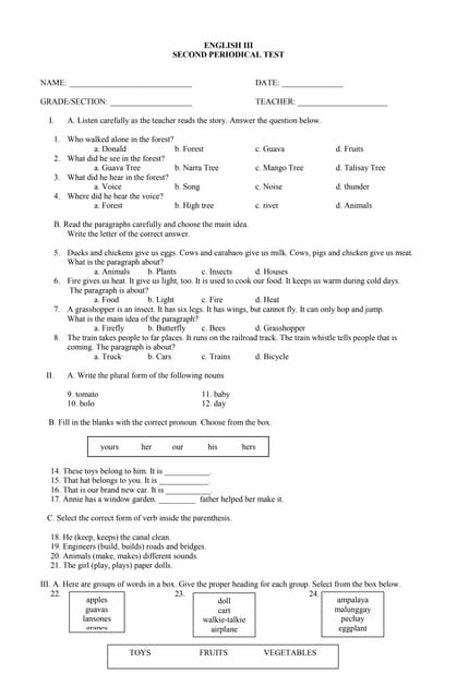 Sample Diagnostic Test in English 7..... | DOCX | Food & Drink