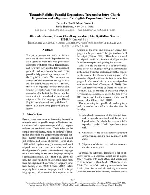 Towards Building Parallel Dependency Treebanks Intra Chunk Expansion And Alignment For English