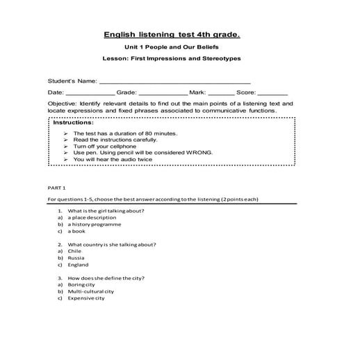 English listening test 4th grade | DOCX