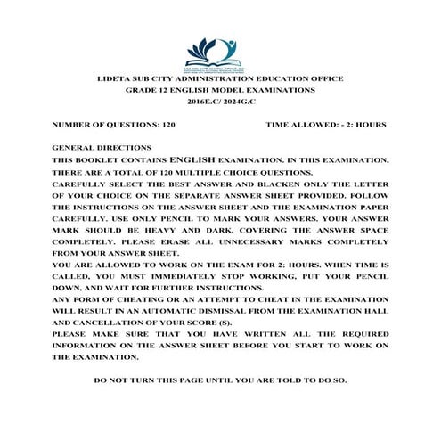 NUMBER OF QUESTIONS: 120GRADE 12 ENGLISH MODEL EXAMINATIONS | PDF