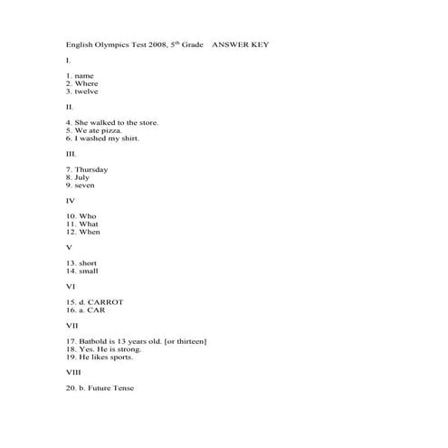 English Olympics Test 2008, 5th Grade ANSWER KEY.doc | Education