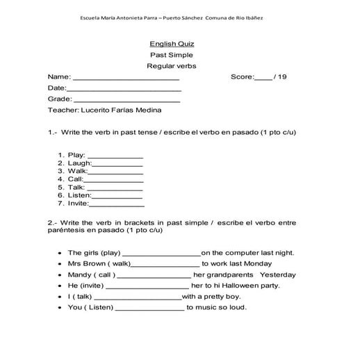 Regular verbs English quiz | DOCX