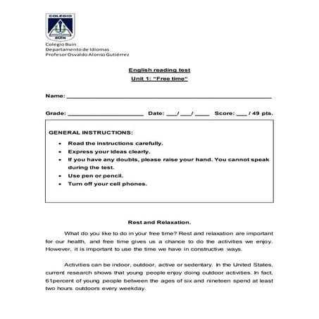 English reading test | DOCX | Homework and Study | Education