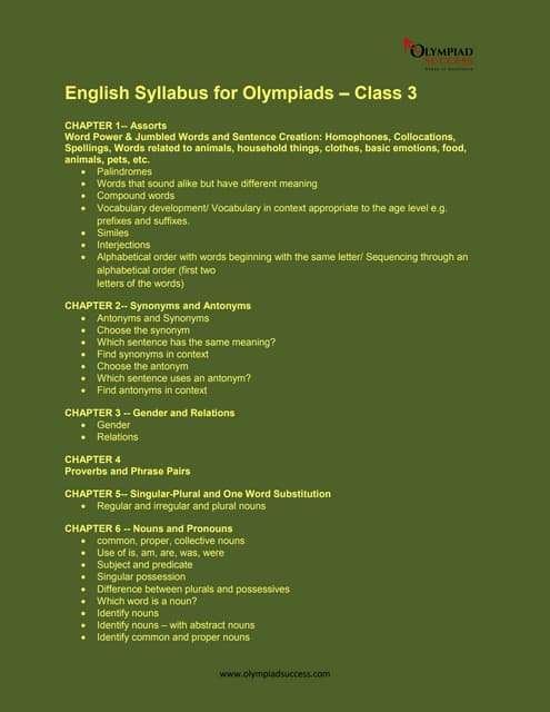 English Syllabus for Olympiads - Class 4 | PDF