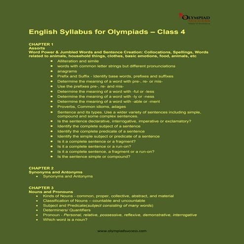 English Syllabus for Olympiads - Class 4 | PDF