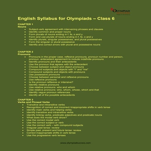 English Syllabus for Olympiads - Class 6 | PDF