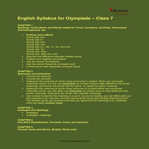 English Syllabus for Olympiads - Class 7 | PDF