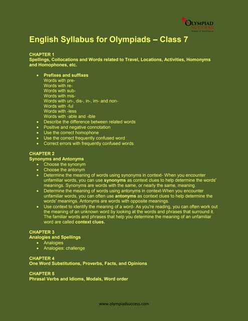 English Syllabus for Olympiads - Class 4 | PDF