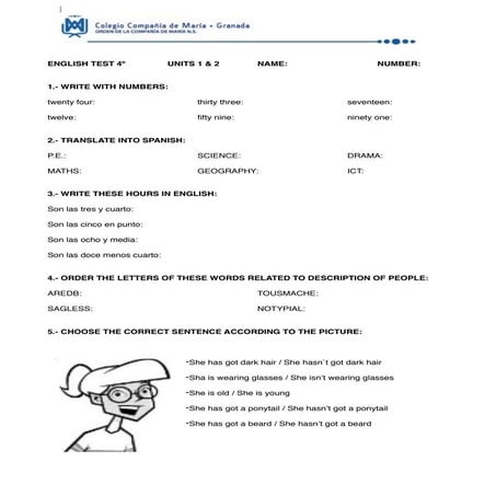 English test 4º units 1, 2 | PDF