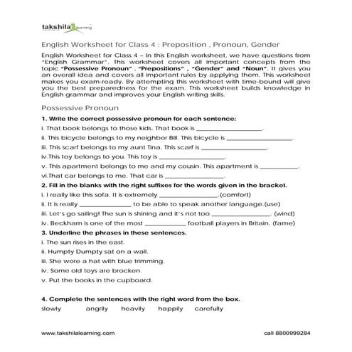 English Worksheet for Class 4 - Preposition , Pronoun, Gender.pdf