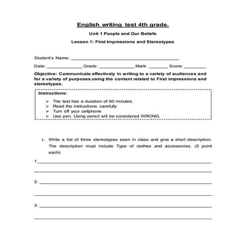 English writing test 4th grade | PDF