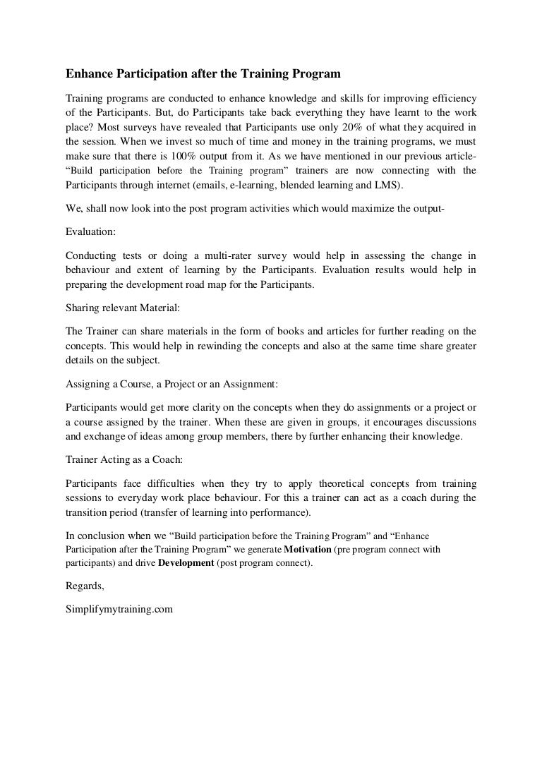 Enhance the participation after the training session