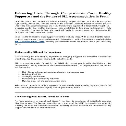 Enhancing Lives Through Compassionate Care Healthy Supportwa and the Future of SIL Accommodation ...