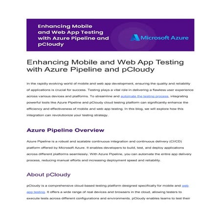 Enhancing Mobile And Web App Testing With Azure Pipeline And Pcloudy Pdf