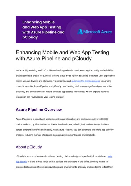 Enhancing Mobile And Web App Testing With Azure Pipeline And Pcloudy Pdf