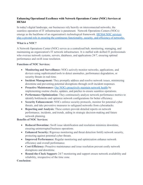 Uninterrupted IT Operations with HEX64’s 24 7 NOC Servicess | PDF