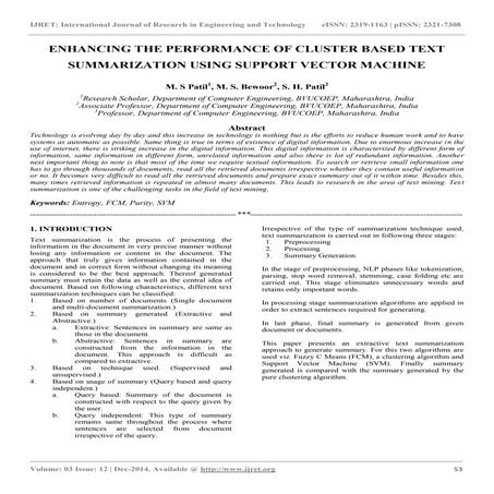 Enhancing The Performance Of Cluster Based Text Summarization Using Support Vector Machine Pdf