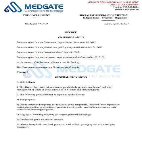 Decree 43/2017/ND-CP issued April 14, 2017 : ON GOODS LABELS | PDF